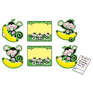 Monkey Cutouts and Monkey Name Tags for Classroom - Monkeys and Banana Themed Bulletin Board Cutout, Name Tag, Mini Reward Card Set | for Wall Border Decor, Paper Crafts, Jungle Party Decorations