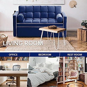 SLEERWAY Convertible Sofa Bed, 3-in-1 Sleeper Sofa with Pull-Out Bed, Velvet Futon Couch with Adjustable Backrest and Side Pocket, Modern Loveseat for Living Room Apartment, Blue