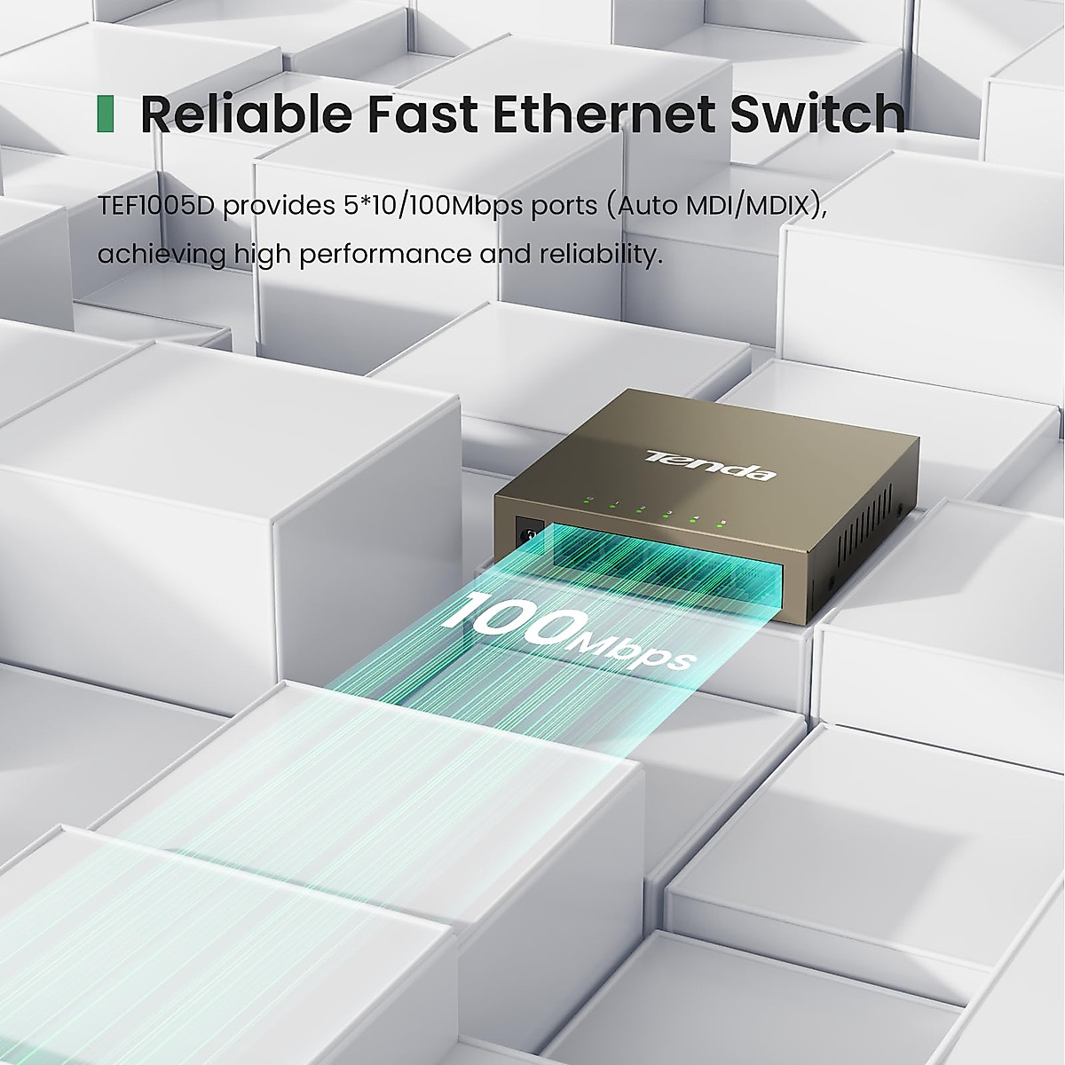 Tenda TEF1005D, 5-Port 10/100Mbps Fast Ethernet Unmanaged Switch, Network Hub, Ethernet Splitter, Plug & Play, Fanless Metal Design, Desktop or Wall Mount, Limited Lifetime Protection