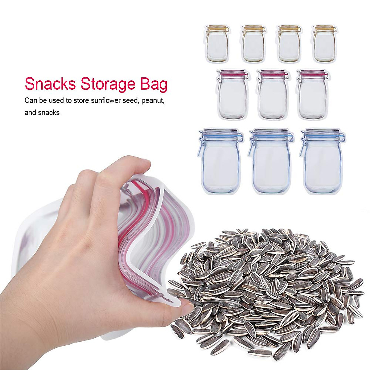 Fdit 10 Pieces Mason Jar Pattern Food Saver Storage Bags Set Airtight Reusable Bottle Modeling Zippers Food Container Kitchen Organizer 's Snacks Fresh Bags