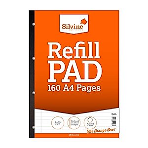 Silvine 160 Page A4 Refill Pad, Side Bound and Punched 4 Holes. Ruled 8mm Feint with Margin. Ref A4SRPFM