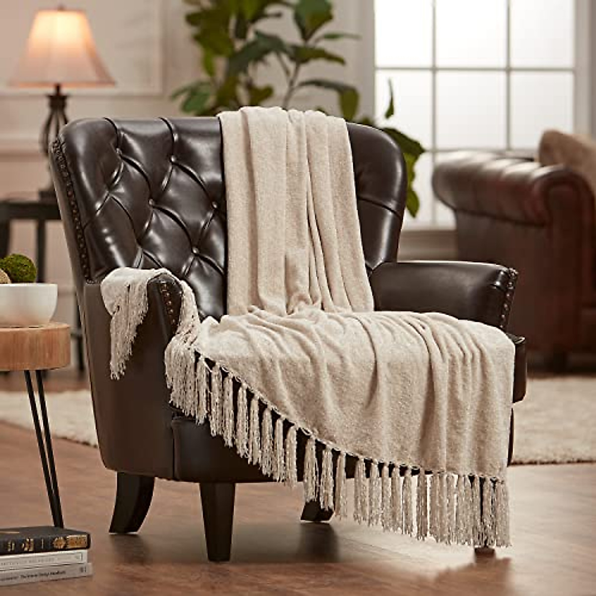 Chanasya Chenille Velvety Texture Decorative Throw Blanket with Tassels Super Soft Cozy Classy Elegant with Subtle Shimmer for Chair Couch Bed Living Bed Room Ivory Throw Blanket (50x65 Inches) Cream
