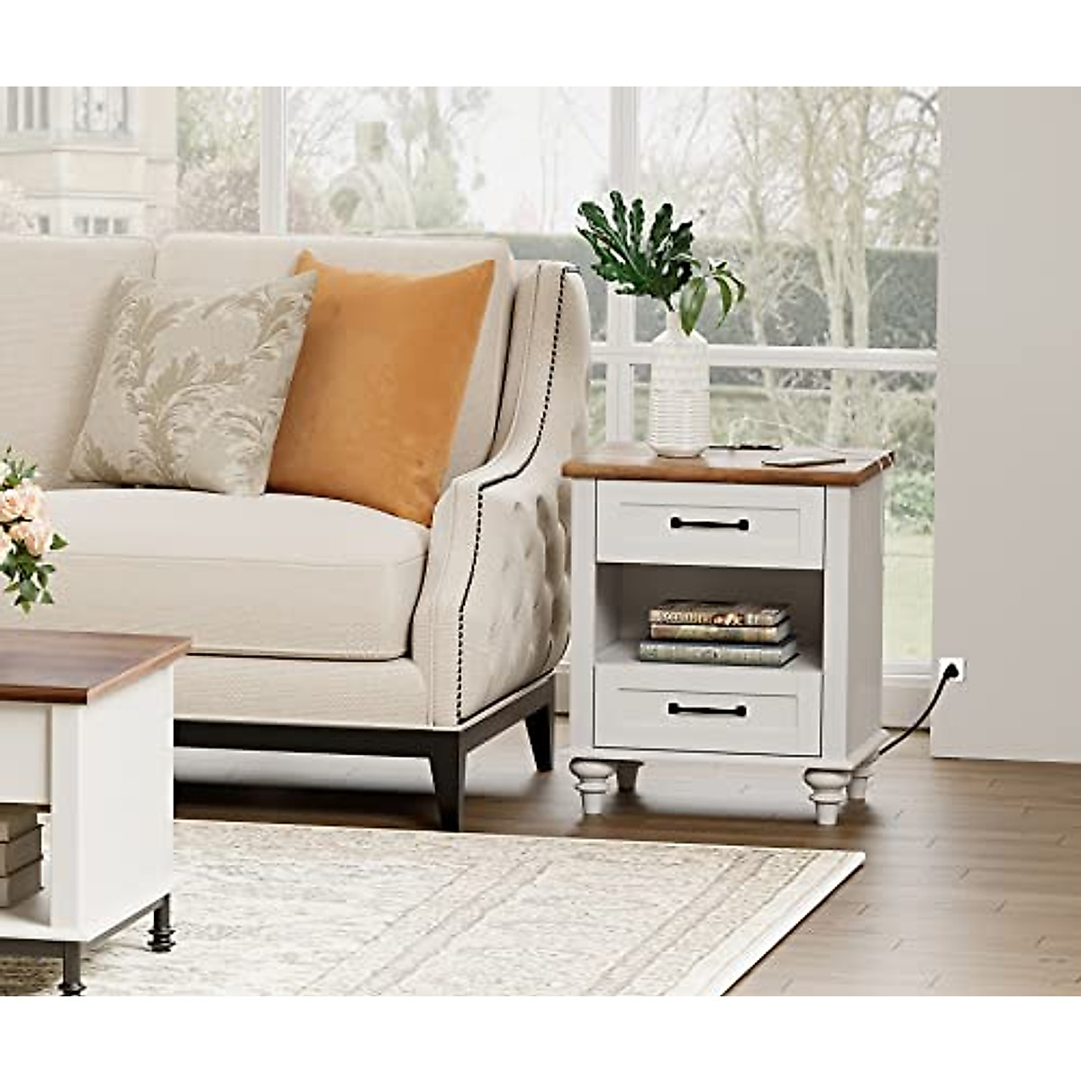 WAMPAT Set of 2 White Nightstands with Charging Station & 2 Drawers, Mid Century Modern End Tables Side Table for Living Room, Wooden Nightstand Bedside Table for Bedroom & Dorm