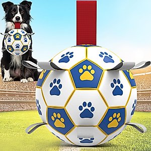 QDAN Dog Toys Soccer Ball with Straps - Durable Dog Balls for Small Medium Dogs, Outdoor Dog Toys, Summer Dog Water Toy, Herding Ball, Puppy Dog Birthday Gifts White (6 Inch)