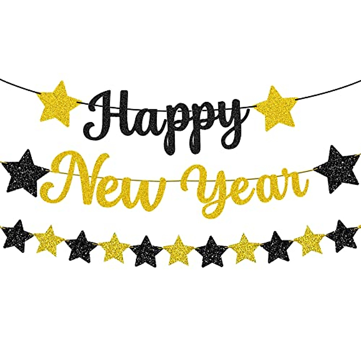 Famoby Black Gold Paper Happy New year Banner Shiny metallic texture Star Bunting for New year Party Decoration