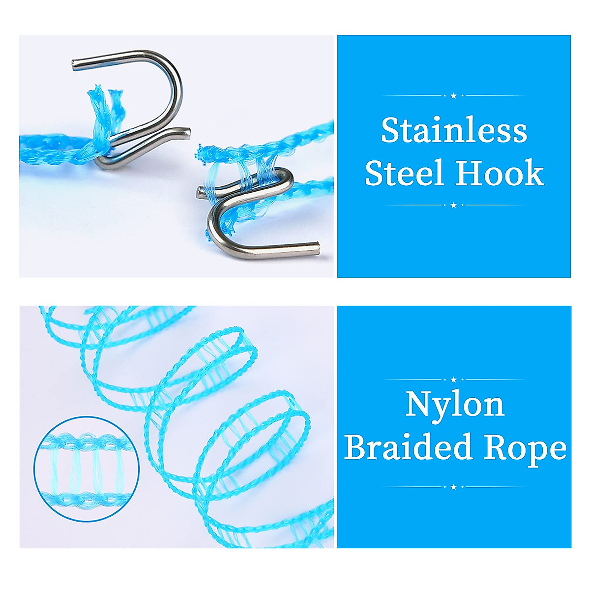 FuninCrea Washing Line 8m, Non-slip and Windproof Clothes Line, Portable Washing Line with 2pcs Stainless Hooks, Fence-Like Rope Washing Line for Indoor Outdoor Camping Traveling(blue)