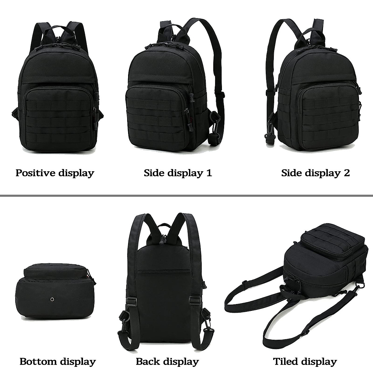 Mini Tactical Backpack, 6L Small Sling Backpacks Shoulder Bag For Running Travel Daypack with Carabiner For Men Women(Black)