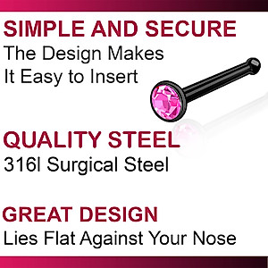 bodyjewellery 2pcs 18g 1mm Nose Stud Bone Straight Bar Nostril Ring Black Anodized Surgical Stainless Steel 2mm Crystal Choose Color (Rose)