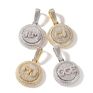 Personalized Rotatable Disc Name Plate Pendant Necklace, Iced Out Jewelry Cz Diamond 14k Gold Silver Copper Customized Letter Charm with Rope/Tennis Link Chain, Customized Initial Name Necklace Gift for Men Woman (Silver Plated Gold Letter)