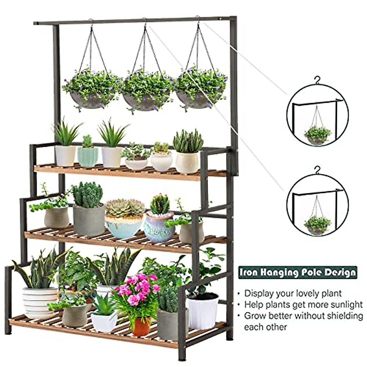 ULIKE Hanging Plant Shelves Indoor 3-Tier Stand with Bar, Flower Pot Organizer Outdoor Shelf for Multiple Plants, Wood Rack with Metal Frame for Garden Balcony Patio Bedroom Office