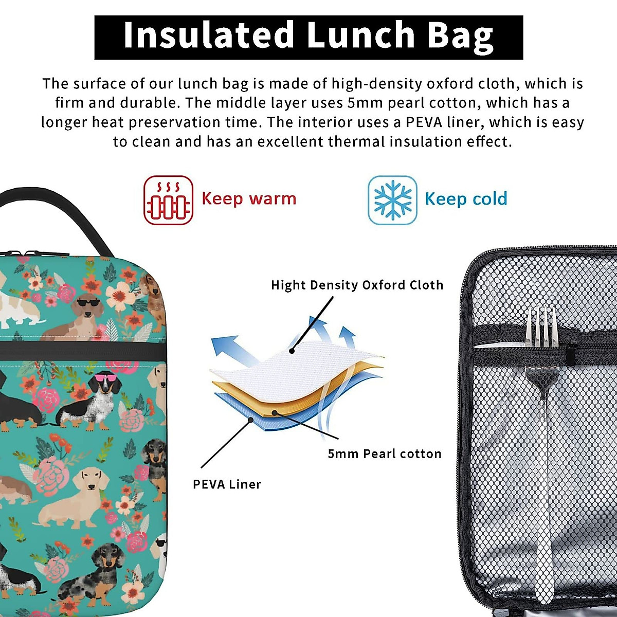 wzialfpo Dachshund Dog Flowers Florals Lunch Box Insulated Lunch Bags Zipper Lunch Bag Cooler Tote Bag For Boys Girls Teens Men Women Office Picnic Travel