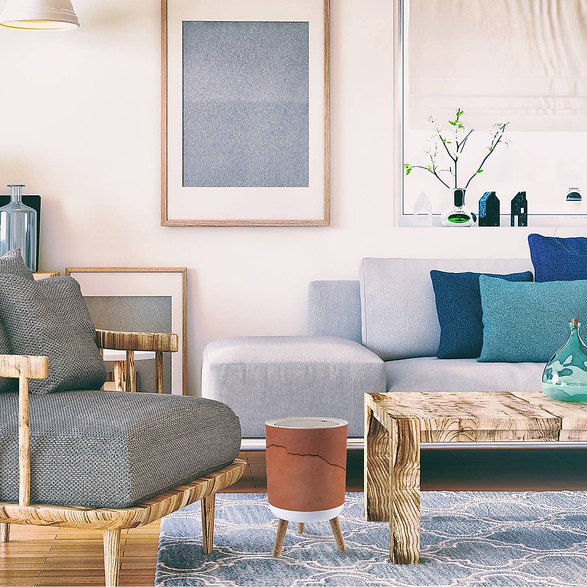 SHL96PZGX Small Trash Can with Lid Old Terracotta Painted Stucco Wall with Cracked Plaster Backgro with Wood Legs Wastebasket Round Garbage Bin for Kitchen, Bathroom, 1.8 Gallon - 7L