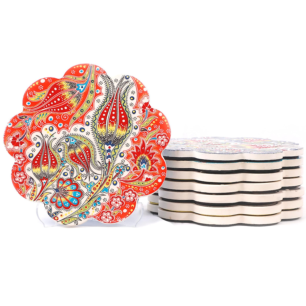 Küchengeräte 18 cm/7" inc Hand Painted Decorative Tulip Patterned Turkish Ceramic Trivet Coaster - Very Stylish - Scratch Proof Heat Resistant & Great Kitchen Home Office Decor - Best Gift Idea