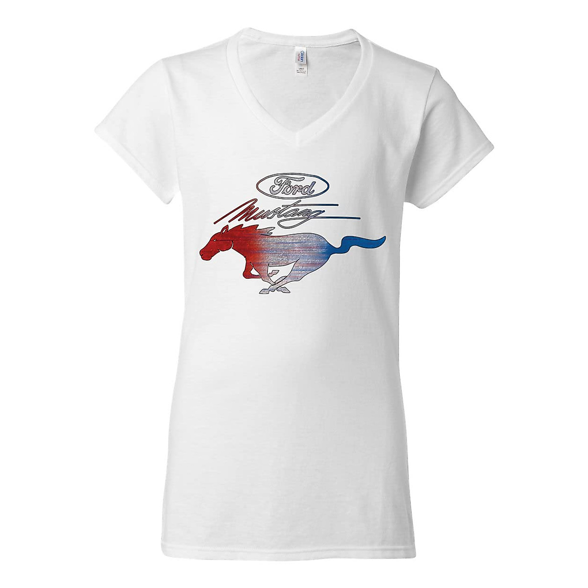 Ford Mustang Shirt USA Flag Mustang Emblem Cars and Trucks Women’s Standard V-Neck Tee, White, XX-Large