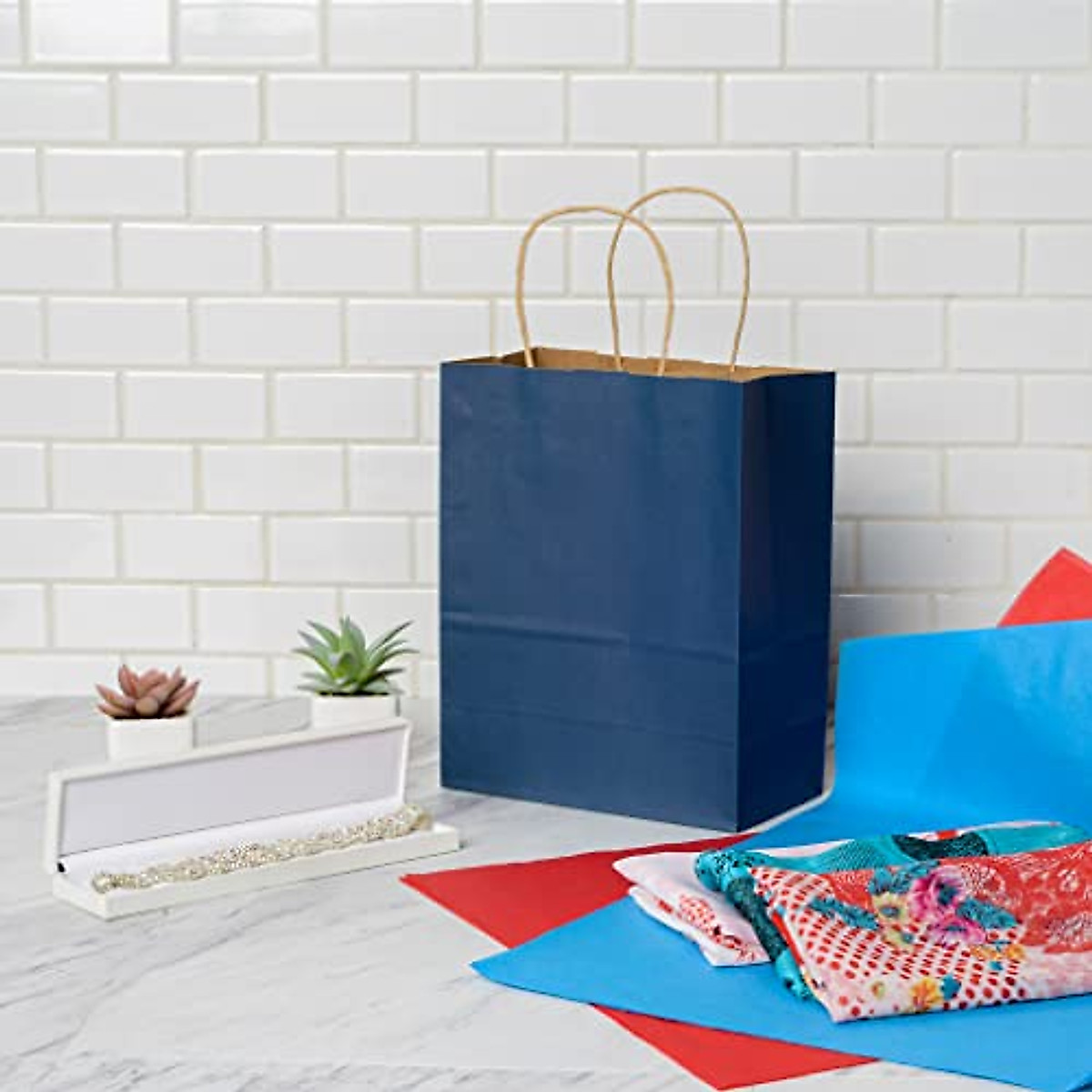 Blue Gift Bags - 8x4x10 Inch 50 Pack Navy Kraft Paper Shopping Bags with Handles, Craft Totes in Bulk for Boutiques, Small Business, Retail Stores, Birthday Parties, Restaurants, Take-Out, Merchandise