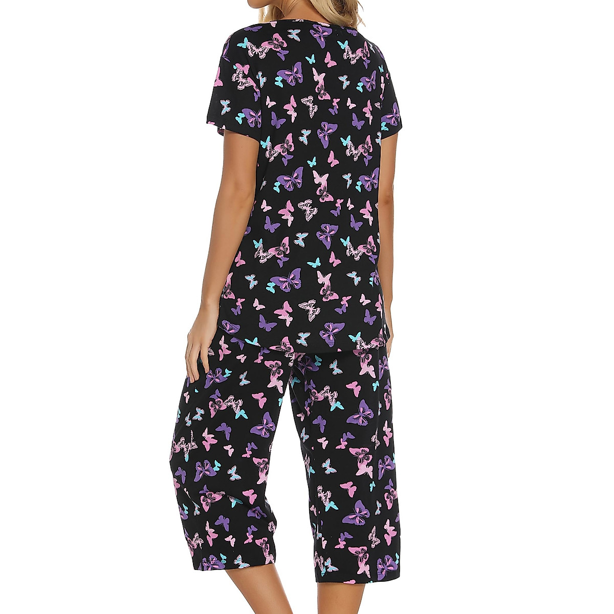 ENJOYNIGHT Women's Pajama Sets Cotton Sleepwear Tops with Capri Pants Summer Pjs (Black Flying, Medium)