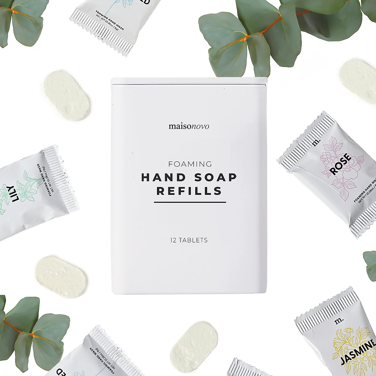 MaisoNovo Foaming Soap Dispenser with Concrete Tray - Hand Soap Refills for Foaming Dispenser - Clear Bottle w.Tray 14 oz - 12 Mix Tablets