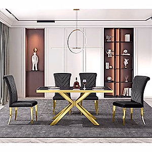 AZhome 5 Pieces Dining Table Set, Black and Gold Kitchen and Dining Room Sets for 4, Gold Metal X-Shaped Base Dining Table, Black Velvet Upholstered Dining Chairs with Gold Stainless Steel Legs