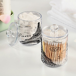 WELLDAY Apothecary Jars Bathroom Storage Organizer with Lid - 14 oz Qtip Holder Storage Canister, Paris Eiffel Tower Clear Plastic Jar for Cotton Swab, Cotton Ball, Floss Picks