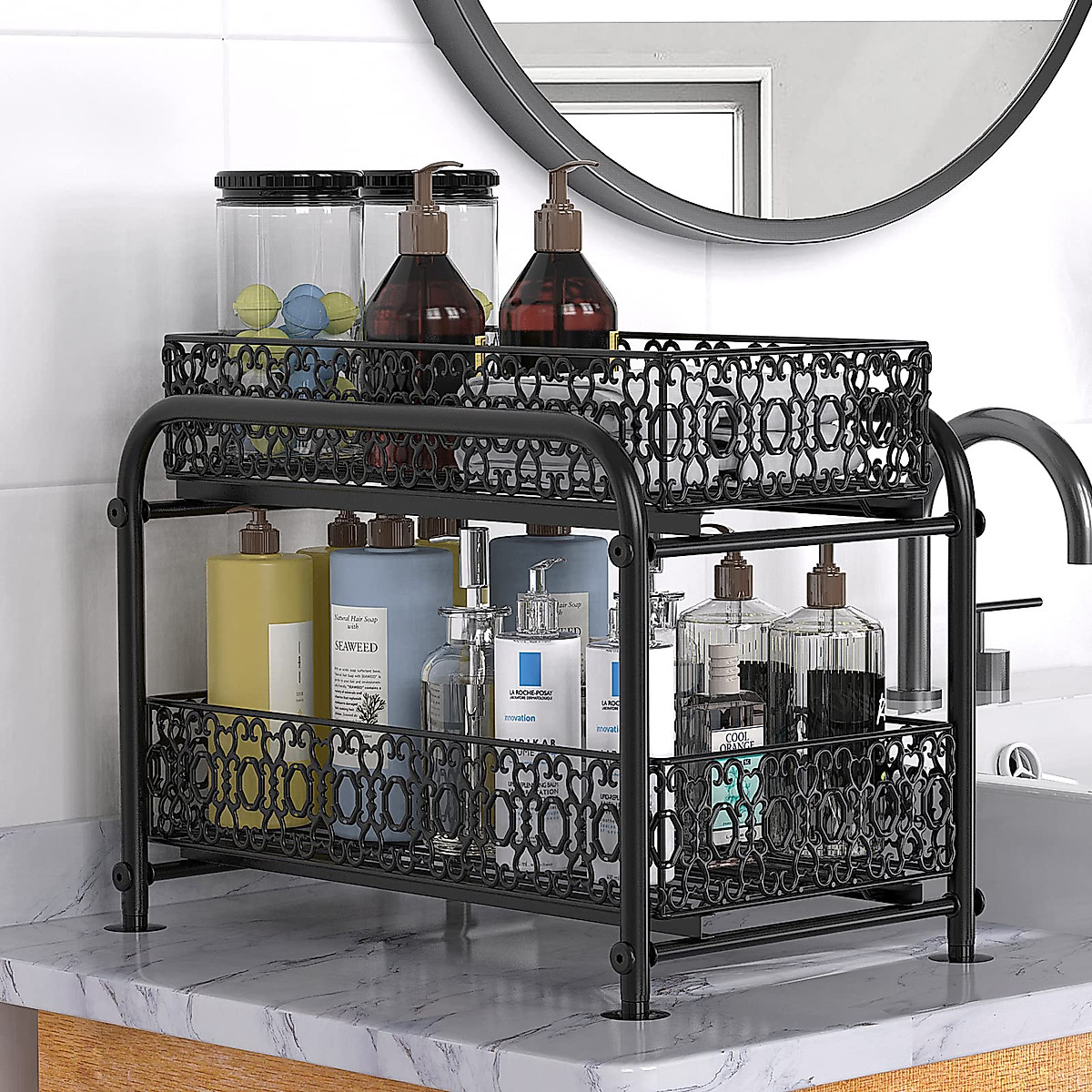 Pull Out Cabinet Organizer, 2-Tier Under Sink Organizer with Sliding Storage Basket Drawers, Metal Under Sink Organizers and Storage for Bathroom and Kitchen Under Sinks, Cabinets and Countertops