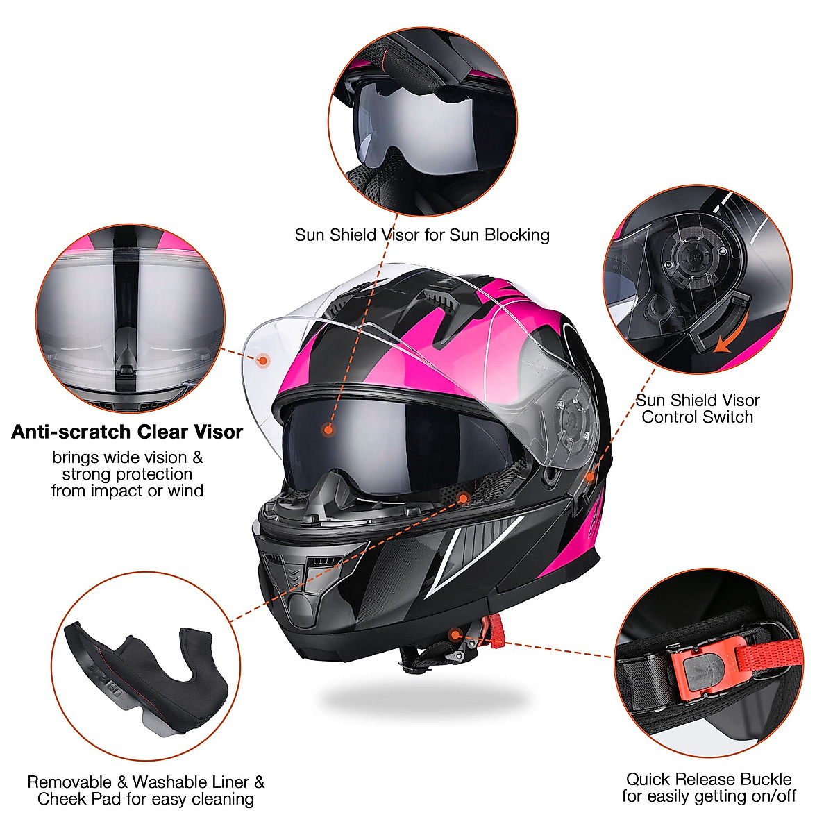 AHR Motorcycle Helmet Dual Visor Modular Flip up Full Face Helmet DOT Approved - AHR Helmet Run-M3 for Adult Motorbike Street Bike Moped Racing (Black Pink, L)
