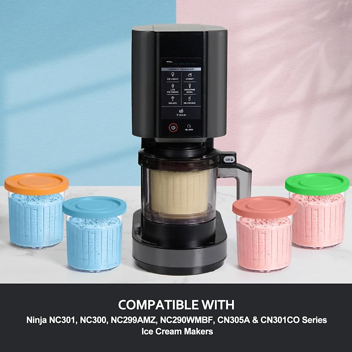 Ninja Creami Pints and Lids - 4 Pack Ninja Creami Cups, 16 oz Ninja Creami Containers, Creami Pint Containers Compatible with Ninja NC299AMZ & NC300s Series Ice Cream Maker - Tight Sealing & Anti-Slip