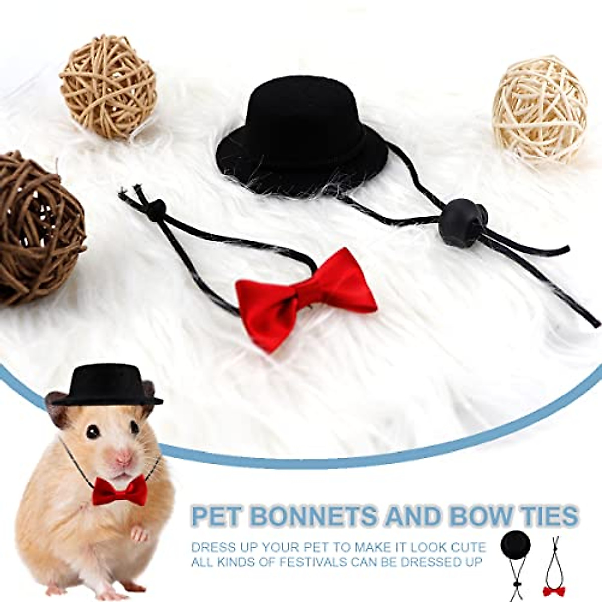 YOLUFER Small Pet Hat and Bow tie Guinea Pig Black Hat with Bow Tie Hamster Costume Pet Cap for Lizard Rabbit Hedgehog Kitten Doggy