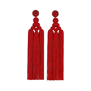 Long Woven Tassel Earrings Beaded Big Boho Statement Tassel Layer Dangle Earrings Large Bohemian Thread Fringe Layered Chandelier Drop Earrings Beads Tassel Earrings - red