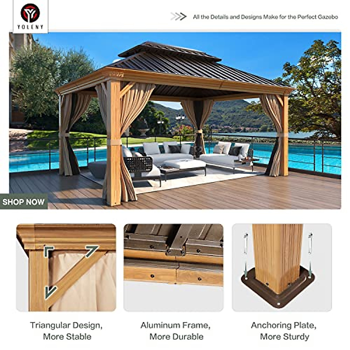 YOLENY 12' x 14' Gazebo, Hardtop Gazebo Wood-Looking Gazebo with Galvanized Steel Double Roof, Aluminum Frame, Outdoor Patio Hardtop Gazebo with Netting and Curtains for Deck, Backyard, Patio, Lawns