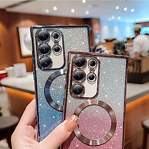 aowner for Samsung Galaxy S21 Ultra Magnetic Case Compatible with MagSafe, Full Protection Glitter Clear Phone Case for Women Girls Cute Soft Shockproof Bumper Protective Cover Case 6.8"-Purple