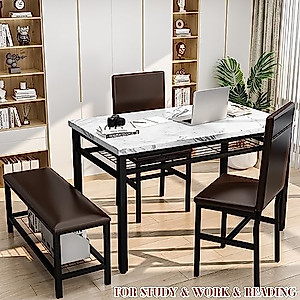 Lamerge Kitchen Table and 2 Chairs for 4 with Bench,Faux Mable Dining Table Set for 4 w/Storage Rack,Dining Room Table Set Dinner Table for Small Spaces, Apartment,White+Brown