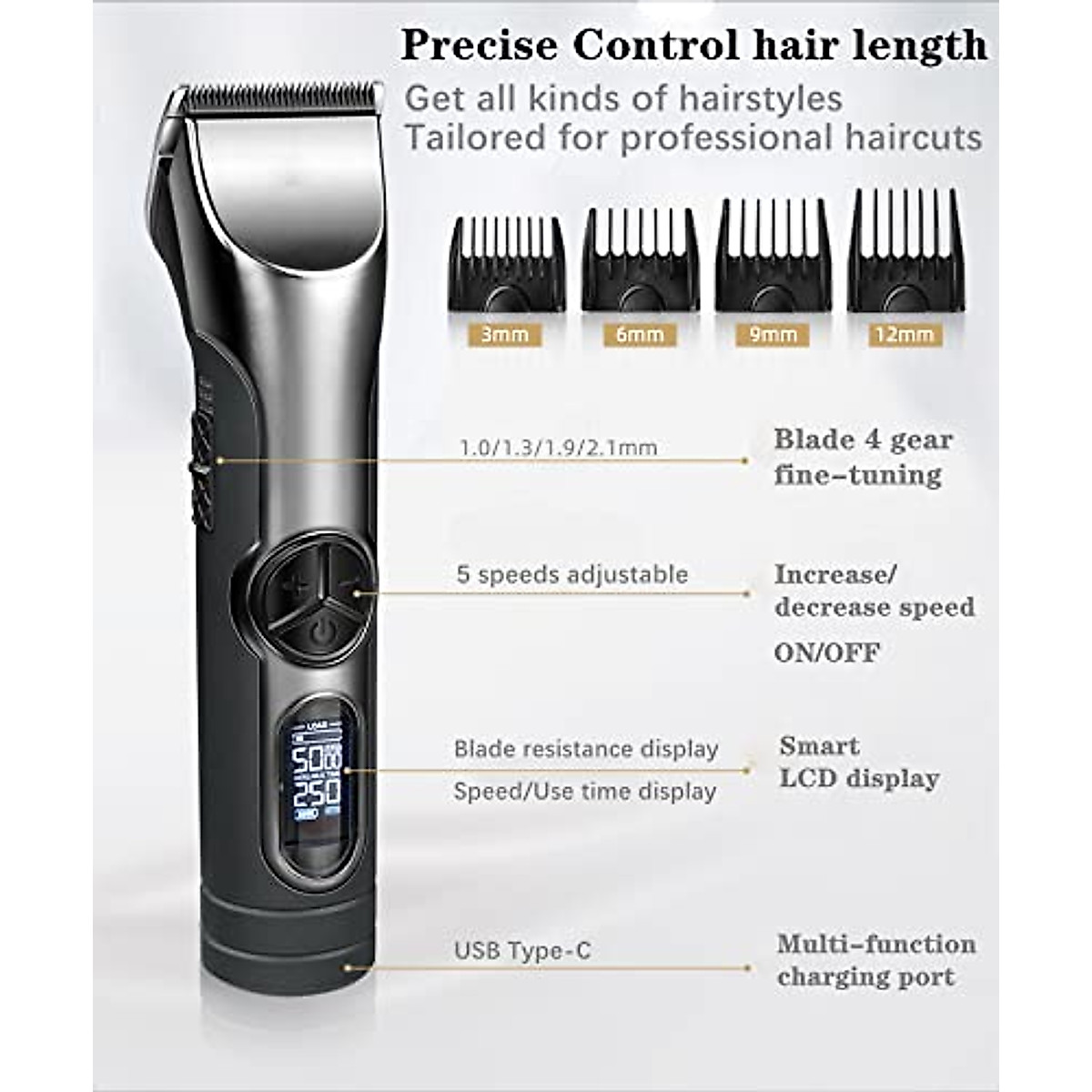 Professional Hair Hair Clippers for Men,T-Blade Zero Gapped Cordless Hair Trimmer Edger Clipper for Hair Cutting Rechargeable Hair Liners Electric Beard Trimmer Shaver With LED Display (sliver)