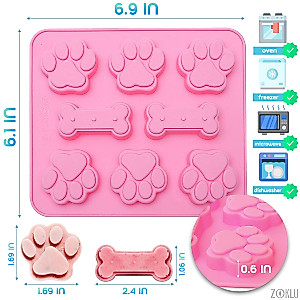 Paw and Bone Candy Molds Silicone - 2Pcs Dog Treat Molds for Chocolate Candy Silicone Molds for Baking Puppy Ice Cube Shapes - Blue and Pink Dog Bone Cake Pan Paw Molds for Dog Treats Silicon Mold
