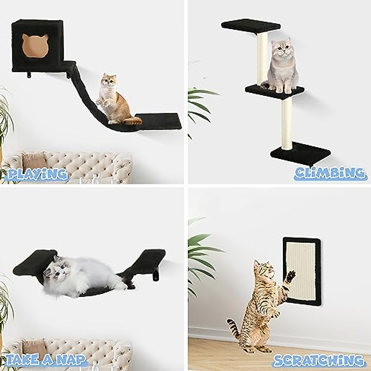 Loninak Cat Wall Furniture Set-Cat Shelves Include Hammock, Condo with Bridge, Step Scratching Post House for Indoor Mounted Tree Black