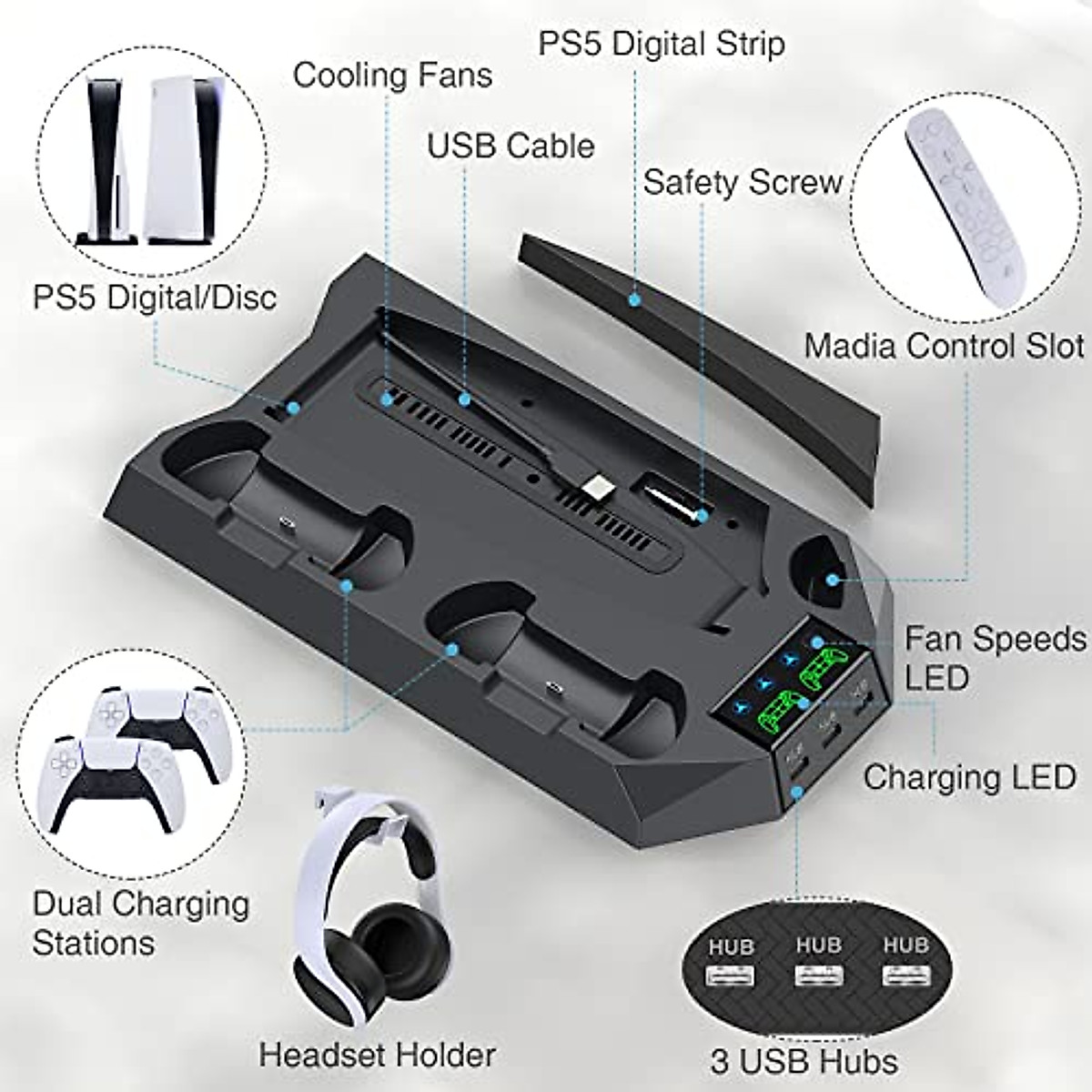 CYKOARMOR PS5 Stand with Cooling Station and Dual Controller Charging Station for PS5 Digital Edition, PS5 Disc Version, PS5 Cooling Fan with Headset Holder and 3 Adjustable Fan Speeds Black