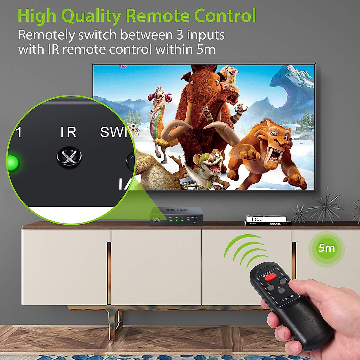 LiNKFOR Digital Toslink Optical 3x1 Switch with 3ft Optical Cable and IR Remote Control Aluminum Alloy Digital Audio SPDIF Toslink Optical Fiber Switcher 3 in 1 Out for PS3 Xbox Blue-Ray DVD HDTV