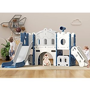 XJD 7 in 1 Toddler Slide Set, Kids Slide for Toddlers Age 1+, Toddler Climber Slide PlaySet with Basketball Hoop and Ball,Outdoor Indoor Playground for Toddlers 1-3 (Blue)