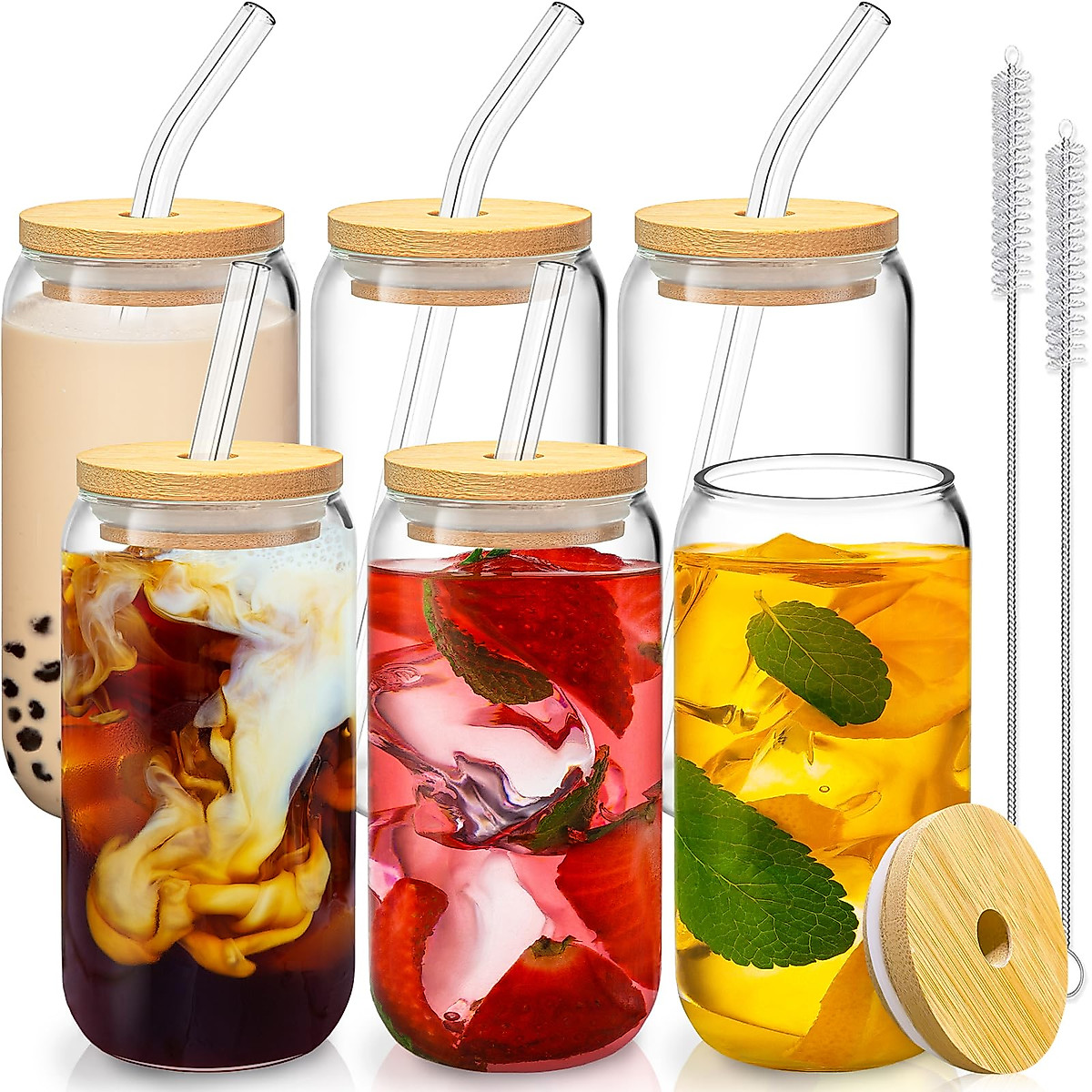 6 Pcs Drinking Glasses with Bamboo Lids and Glass Straw - 16 Oz Can Shaped Glass Cups Beer Glasses Ice Coffee Glasses Cute Tumbler Cup Great for Soda Boba Tea Cocktail Include 2 Cleaning Brushes