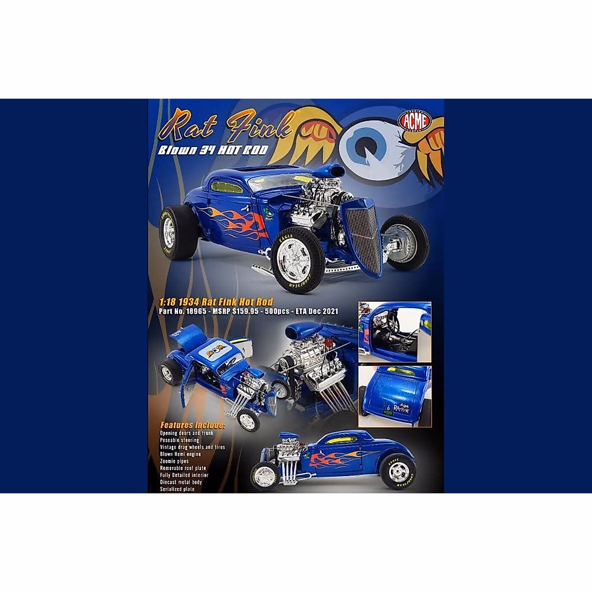 ModelToyCars 1934 Rat Fink Hot Rod Blown Altered Coupe, Blue - Acme 18965 - 1/18 Scale Diecast Model Toy Car