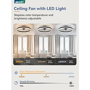 LEDIARY Low Profile Ceiling Fans with Lights, Flush Mount Modern Ceiling Fan and Remote Control, 19.7" LED Ceiling Fans, Stepless Dimmable 3 Colors and 6 Speeds - Black