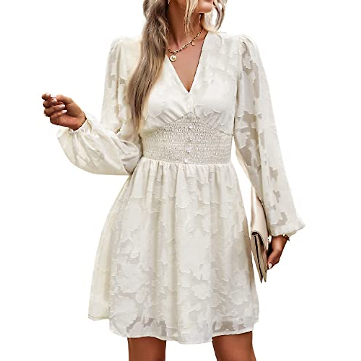 BebreezChic Women Dresses Cocktail with Lining Knee Length Long Sleeve Ladies Elegant Lace Smocked Short Dress 2023 Spring Summer Dresses, Beige XL