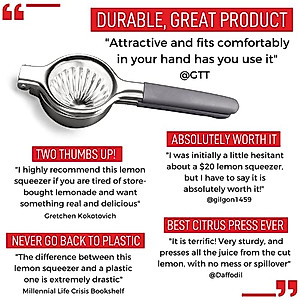 Lemon Squeezer Stainless Steel Press - Ergonomic, Manual Non-Slip Grip Design - Effortless Pro-Grade Lemon, Lime, Orange, and Citrus Fruit Hand Held Juicer - Fewer Seeds, More Juice