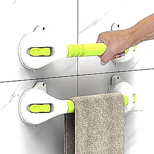 AmeriLuck 16.5in Suction Bath Grab Bar with Indicators, Balance Assist Bathroom Shower Handle (White/Yellow, Pack of 2)
