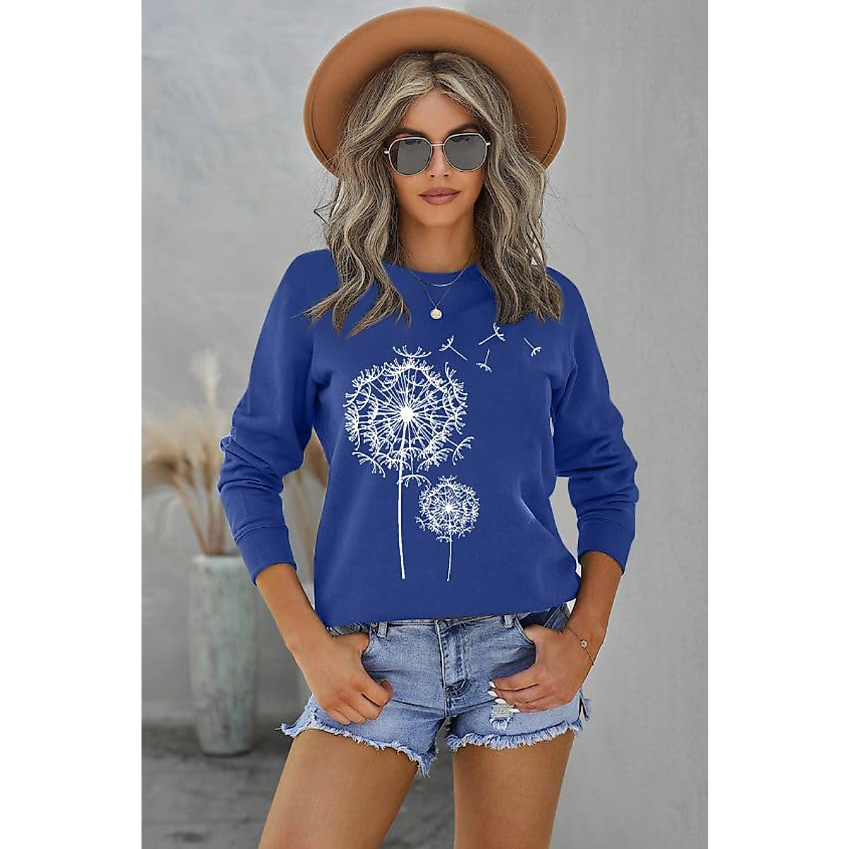 BANGELY Womens Dandelion Sweatshirt Casual Crewneck Loose Pullover Tops Long Sleeve Graphic Tee Shirt Blue