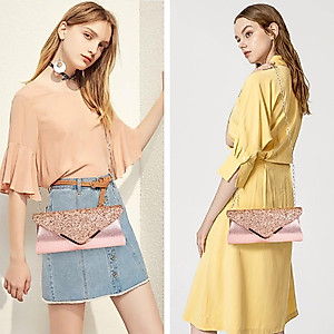 Women Evening Envelope Handbag Prom Sequin Clutch Purse Shoulder Cross Body Bag (Pink)