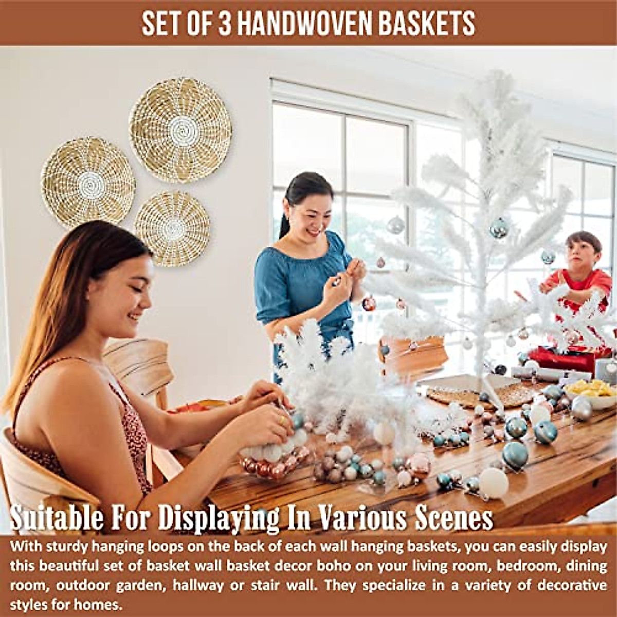 Seagrass Hanging Woven Wall Baskets Set of 3 - Boho Farmhouse Handcrafted & Unique Wicker Wall Art Decor for Living Room, Dining Room, Bedroom