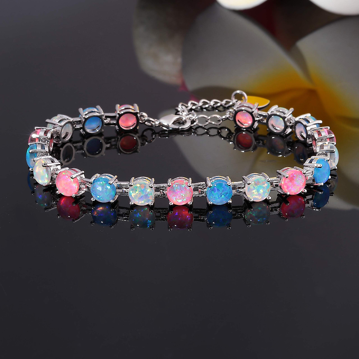 CiNily Created White Blue Pink Fire Opal Rhodium Plated for Women Jewelry Gemstone Bracelet 7"-8 1/2"