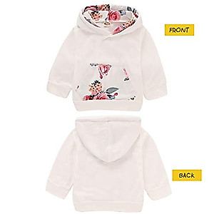 3Pcs Infant Toddler Baby Girl Clothes Long Sleeve Hoodie with Pocket Tops Floral Pants Outfits Set with Headband White