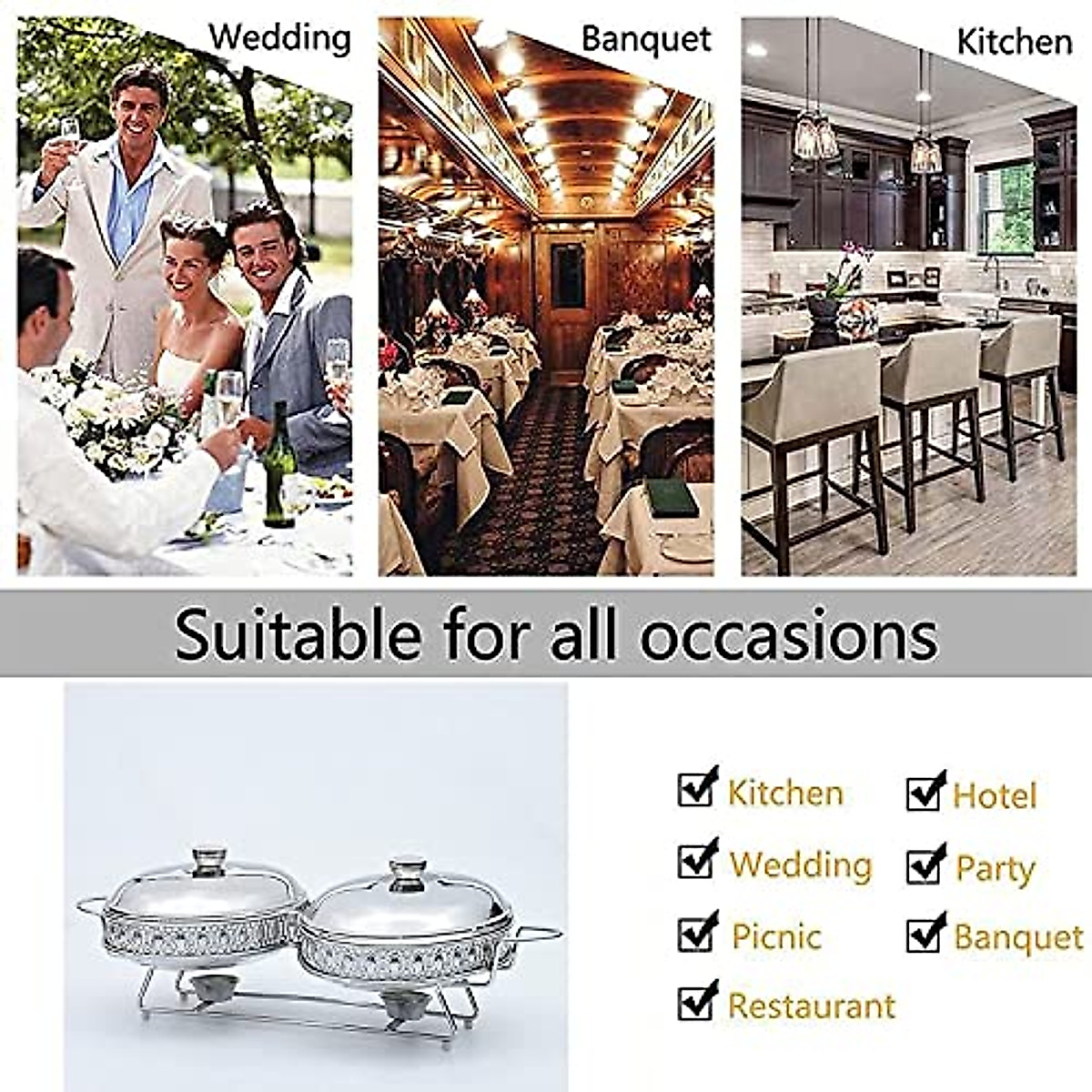 Food Warmer for Parties Buffets, Food Warming Tray Stainless Steel Chafing Dish Buffet Set, Chafer Set with Lid, Food Warmer for Parties Kitchen Banquet Dining,Gold (Color : Silver)