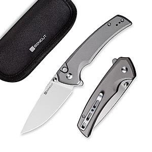 SENCUT Button Lock Pocket Knife for EDC, Serene Folding Knife, Thumb Stud & Flipper Opener, Aluminum Handle with 3.48" D2 Black Stonewashed Blade for Outdoor, Camping, Hunting S21022B-3 (Gray)
